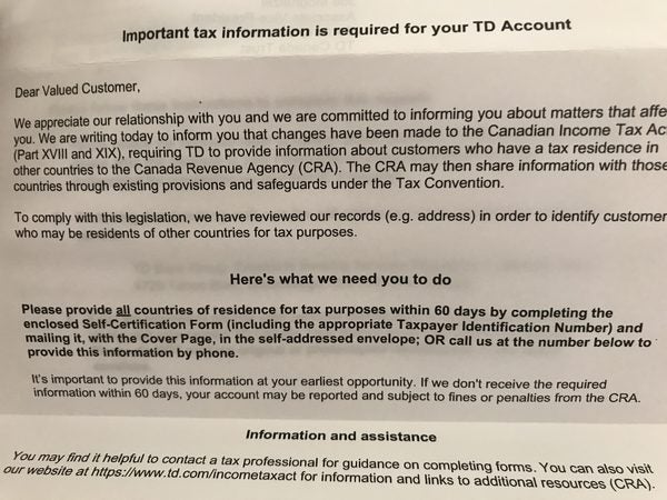 Letter from TD about CRA? LEGIT? - RedFlagDeals.com Forums