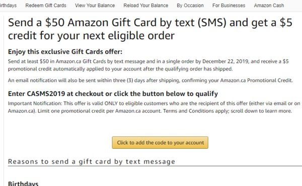 [Amazon.ca] 5$ Amazon credit when sending 50$ Amazon GC by a text ...