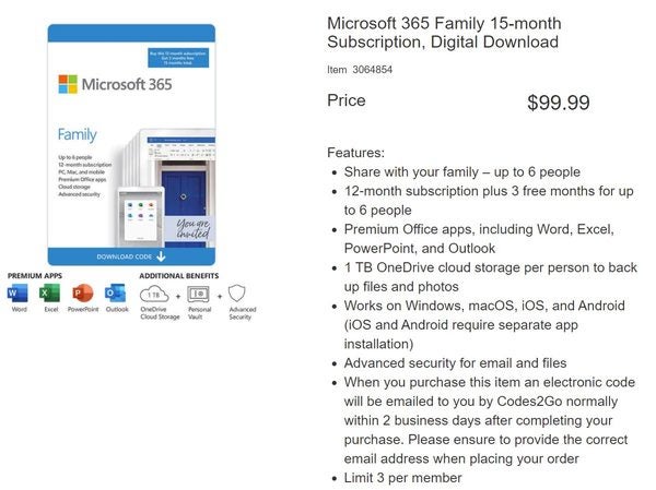 [Costco] Microsoft 365 Family $99.99 (15-months subscription + 1-month ...