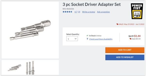 [Princess Auto] PowerFist 3 pc Socket Driver Adapter Set - $ 1.44 (Reg ...