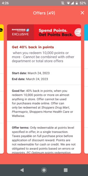 [Shoppers Drug Mart] PC Optimum 40% points back for spending 10,000 or ...