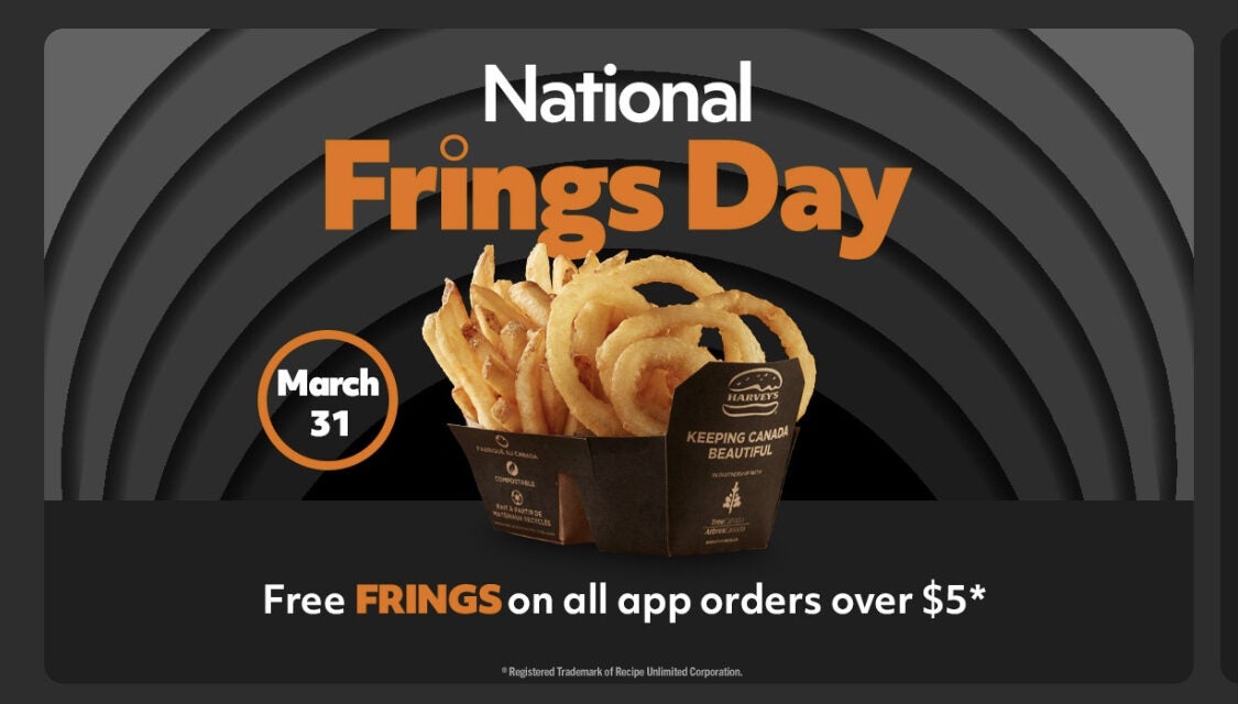 [Harvey's] Free Frings with mobile order >$5 March 31 only ...