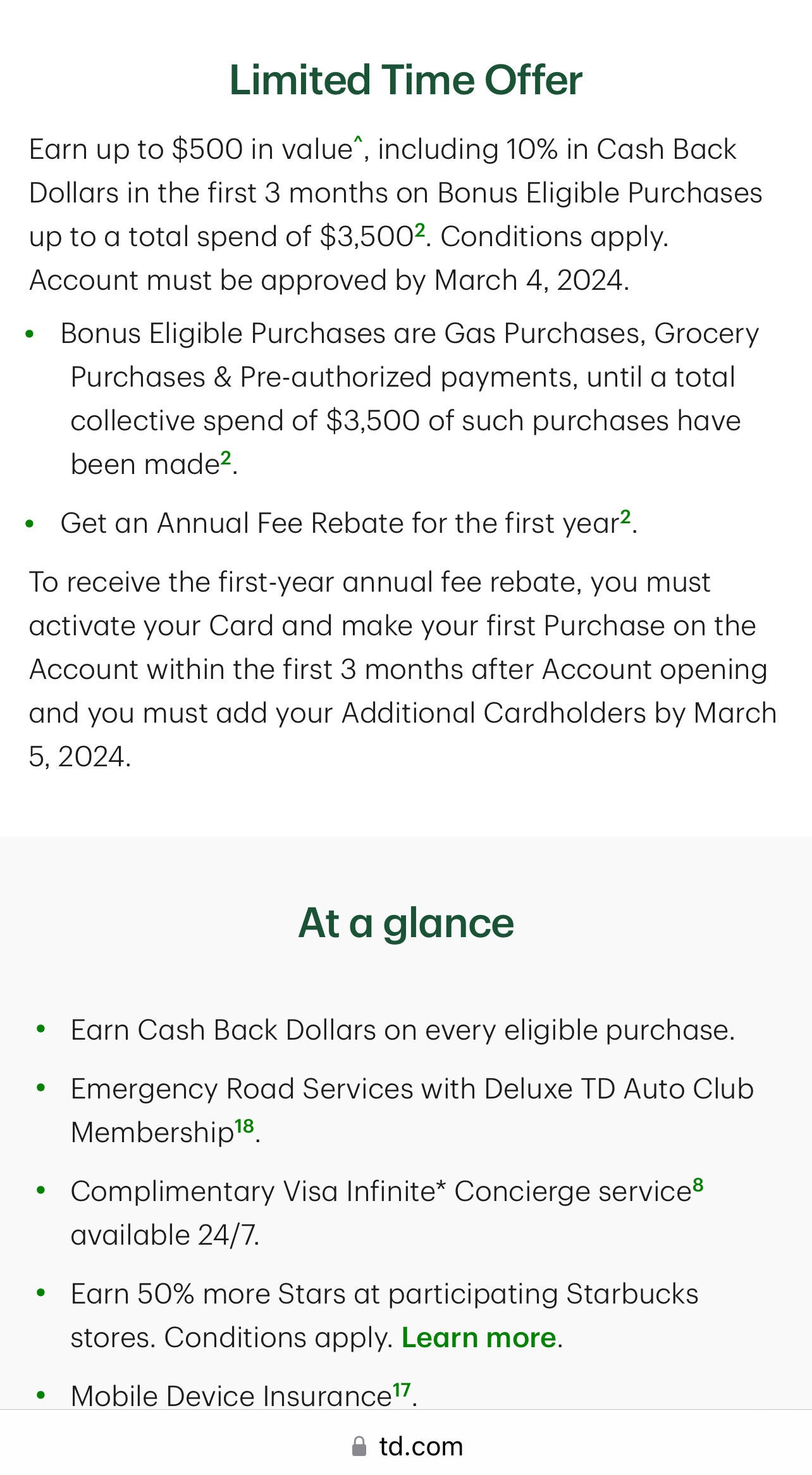 [TD Bank] TD Cash Back VI: get $350 (10% CB on $3500 Spend)+FYF+Extra ...