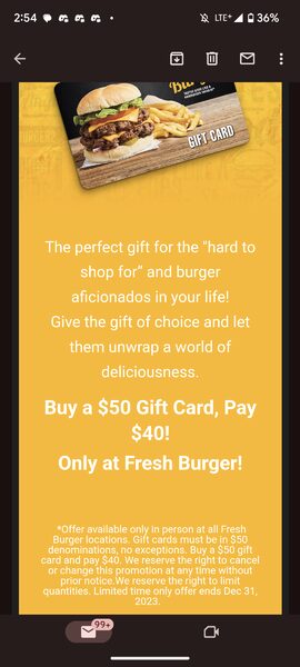 [Fresh Burger] $50 Gift card for $40 at FRESH BURGER. In Person Only ...
