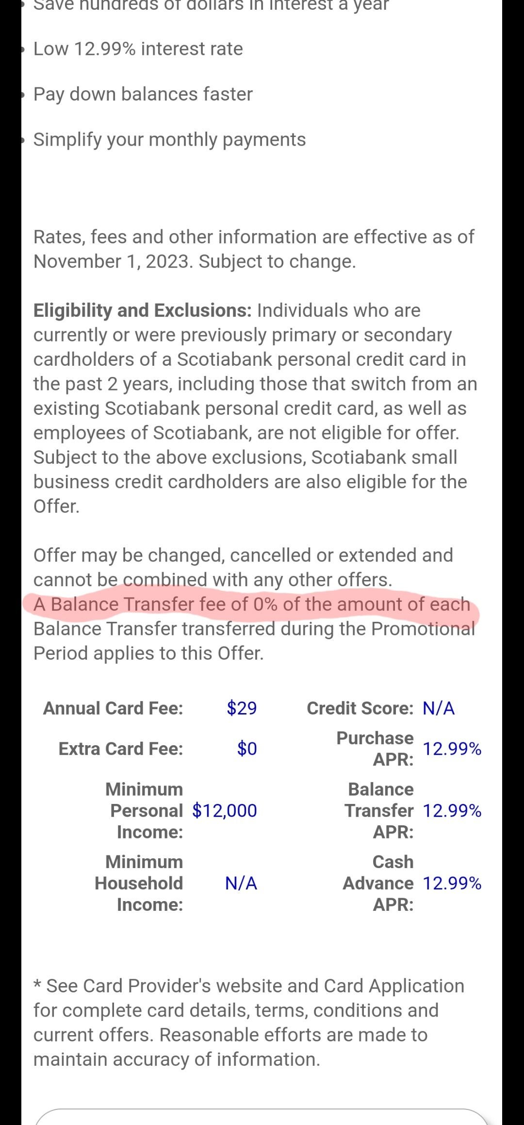 Bt: Scotiabank value visa 0% 10months bt 1% fee $29 annual fee waived ...