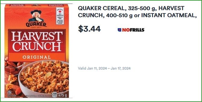 [No Frills] Quaker Harvest Crunch 400-510g $3.44, No Frills, ends Jan ...