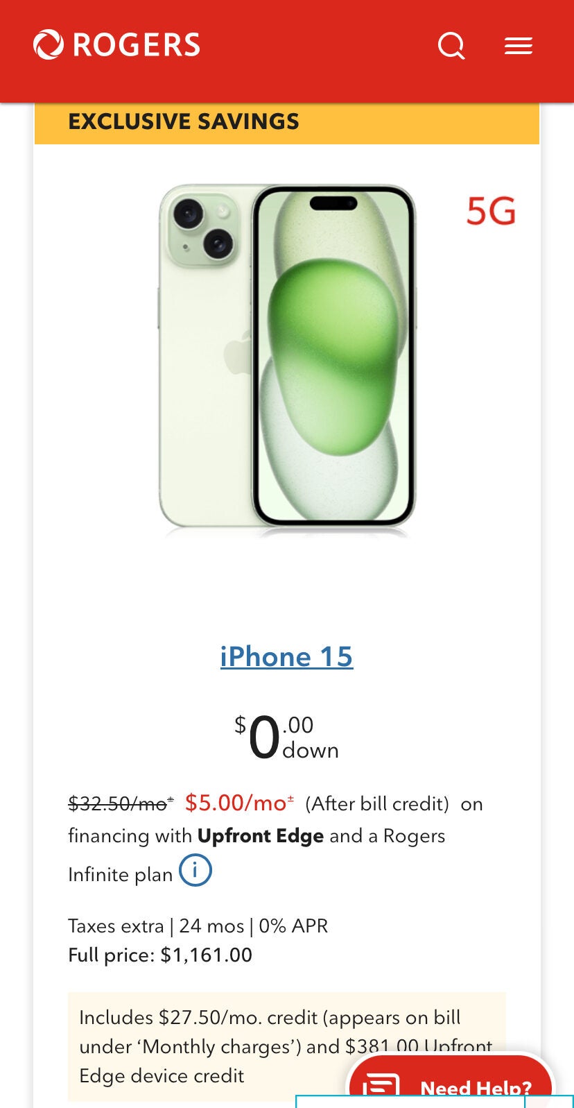 [Rogers] $45 month/100 GB data “infinite” plan + iPhone 15 for 5$/month ...