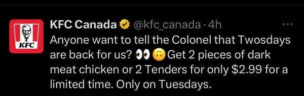 [KFC] KFC TUESDAY: Get 2 pieces of dark meat chicken or 2 Tenders for ...