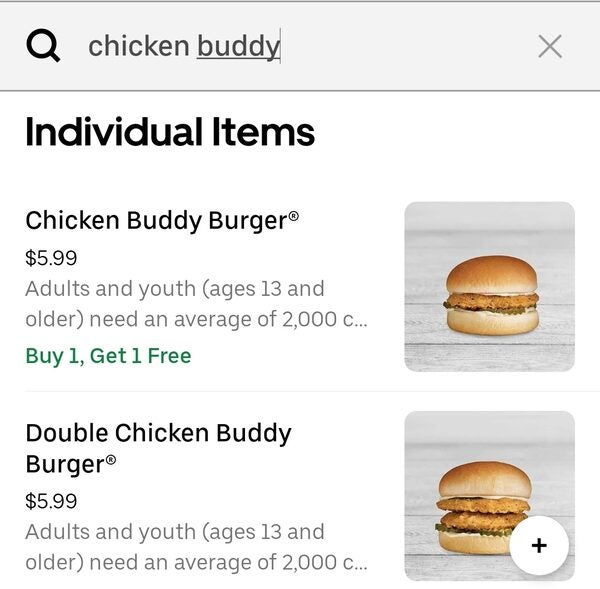 [Uber Eats] A&W Chicken Buddy Burger BOGO $3.73 for 1, ~$2 each pickup ...