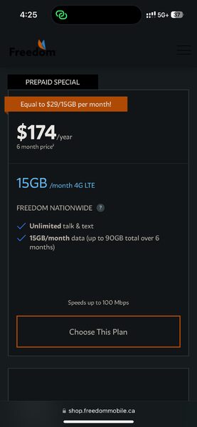 [Freedom Mobile] $174/yr ($29/15G a month) 4G LTE Prepaid Special ...