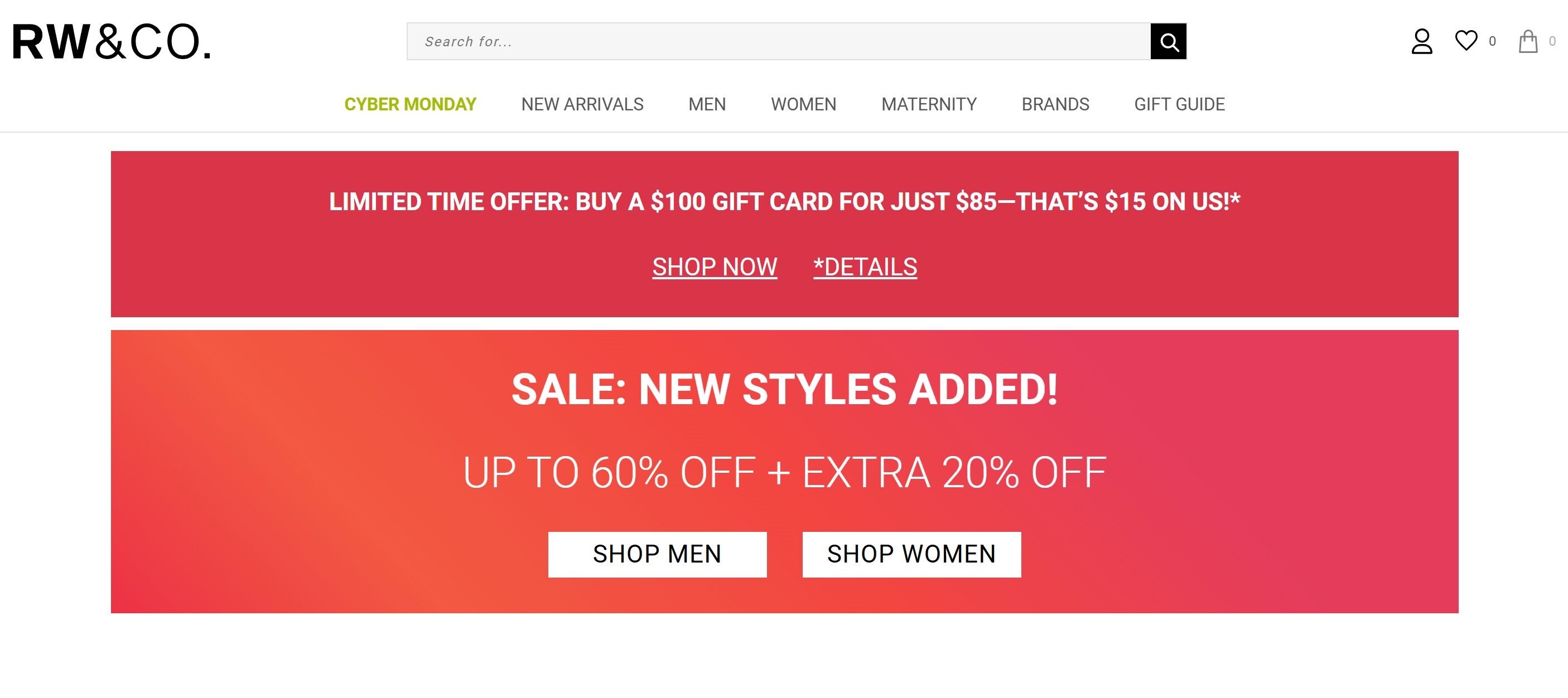 [RW And Co] RW & Co. $100 GC for $85 + 40% Off + 15% Rakuten Cashback ...