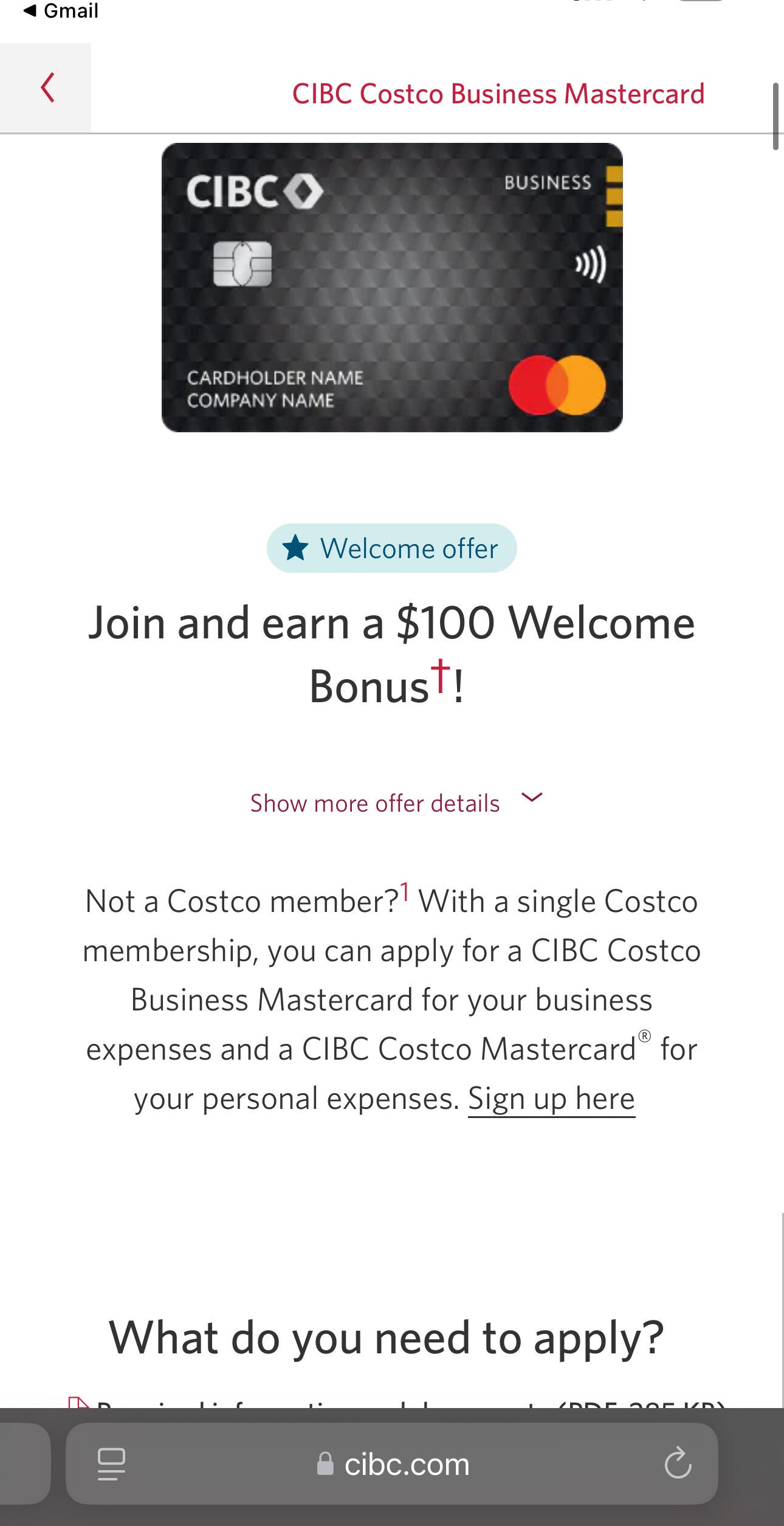 [CIBC] CIBC Costco Business Mastercard, $100 welcome bonus (spend $3000 in the 120 days ...
