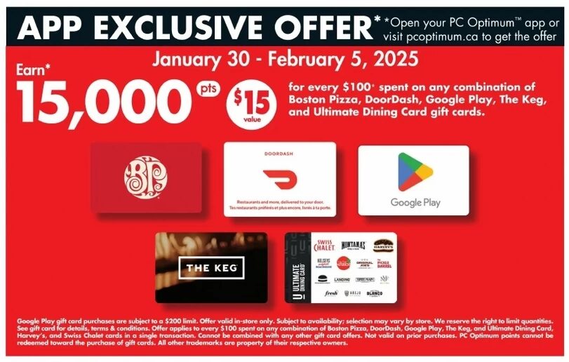 [Loblaws Group] Get 15,000 PCO points for every $100 spent on Boston Pizza, DoorDash, Google ...