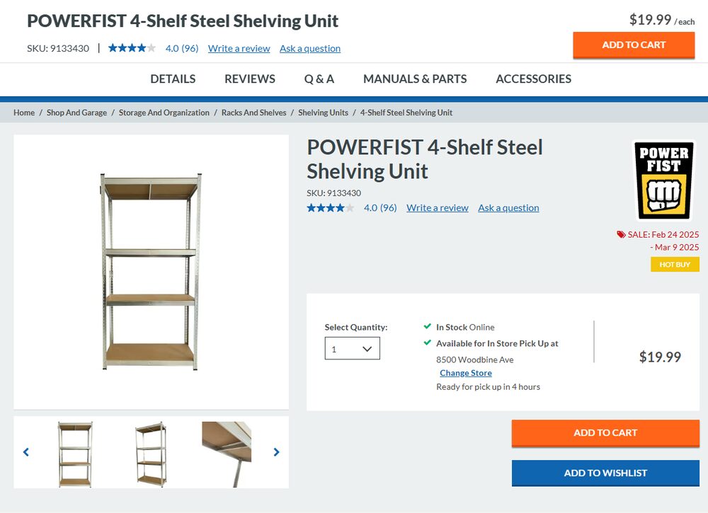 [Princess Auto] POWERFIST 4-Shelf Steel Shelving Unit $19.99 (Does it ...