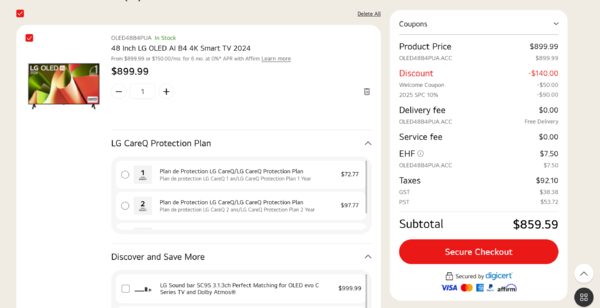[LG Canada] LG 48" B4 OLED 4K TV @ $759.99 (SPC + Welcome coupon) (also ...