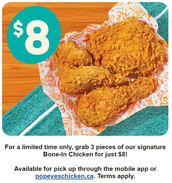 [Popeyes] Popeyes 3 bone-in chicken for $8 - RedFlagDeals.com Forums