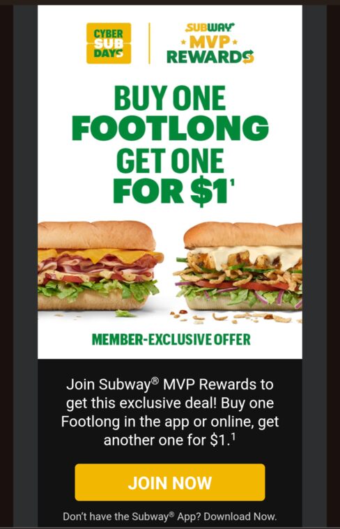 [Subway] Subway - Buy a Footlong, get another for $1 [app/online orders ...