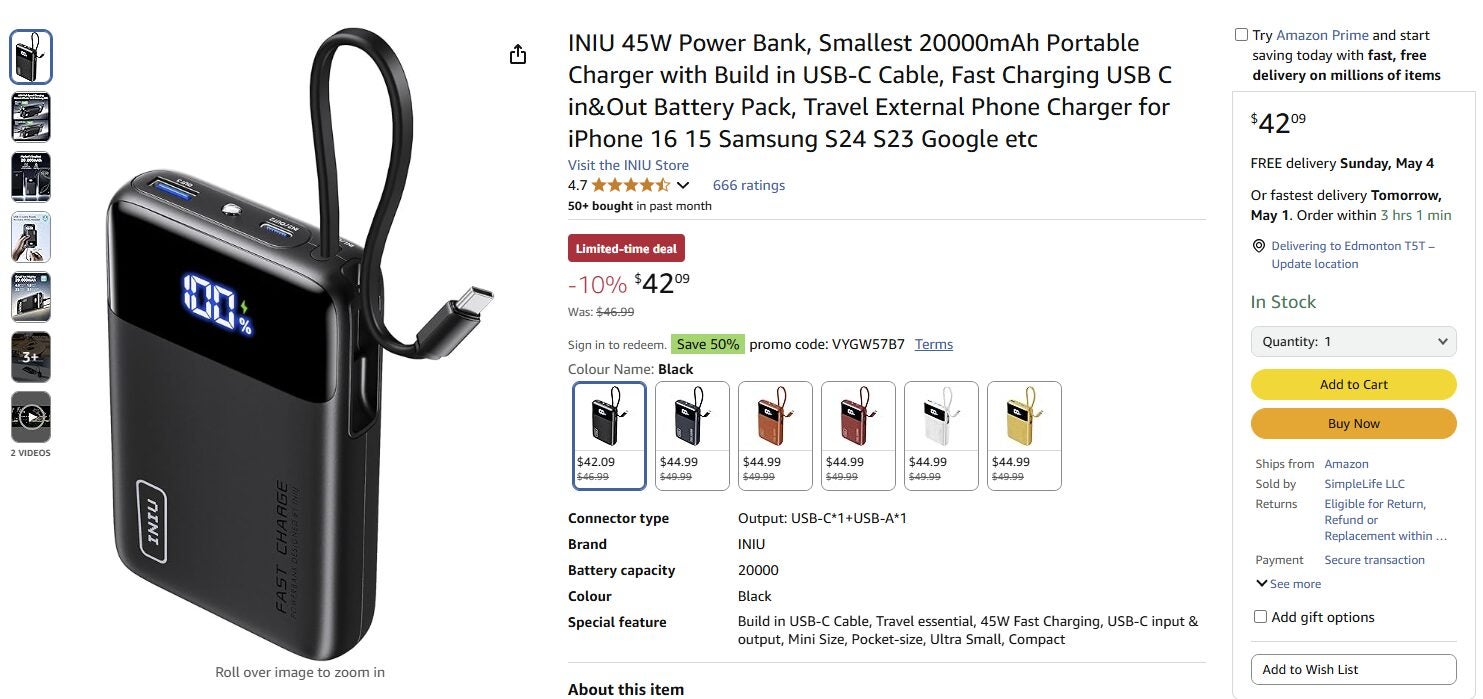 [Amazon.ca] INIU 45W Power Bank, Small 20000mAh built-in USB-C (Black ...