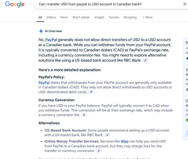 Can I transfer USD from paypal to USD account in Canadian bank ...