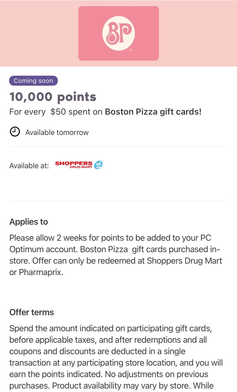 [Shoppers Drug Mart] 10,000 PCO points for every $50 spent on Boston ...