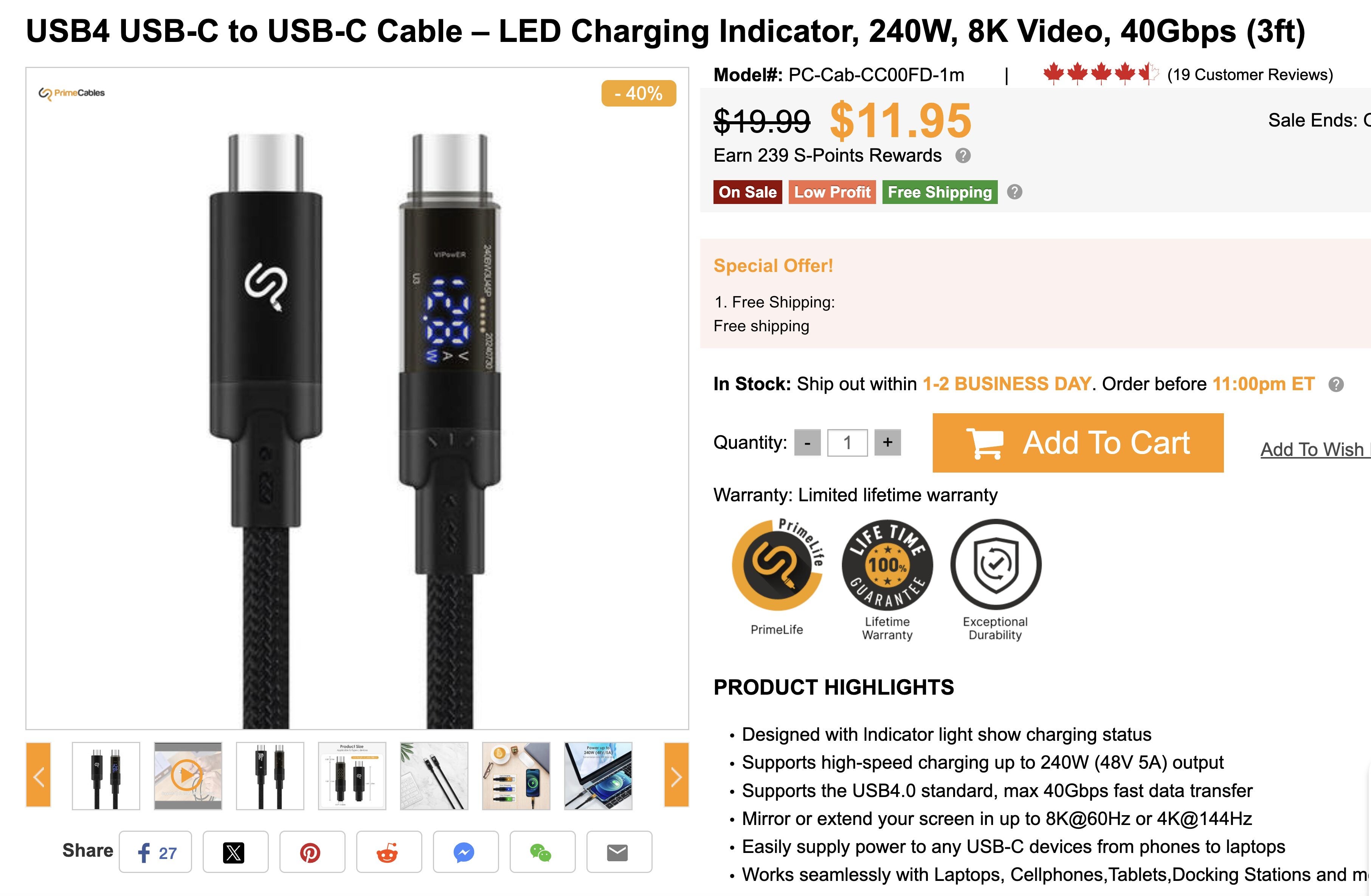 [Primecables.ca] USB4, USB-C Cable, Wattage Display, 240W, 40Gbps, 3ft ...