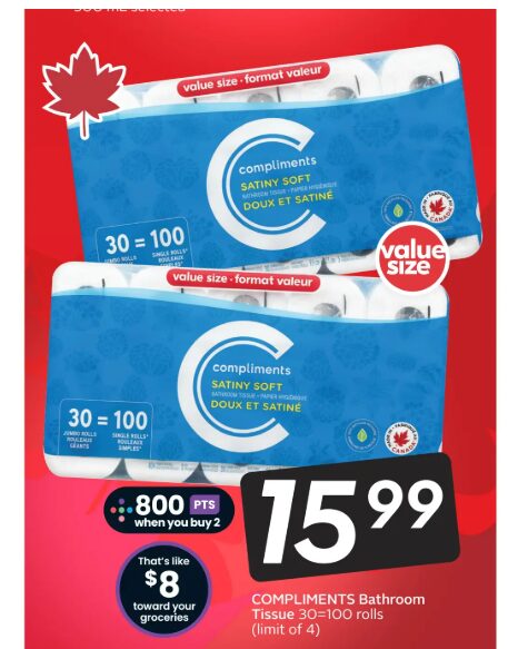 [Sobeys] [Safeway] Compliments Bathroom Tissue 30=100 Rolls $15.99 ...