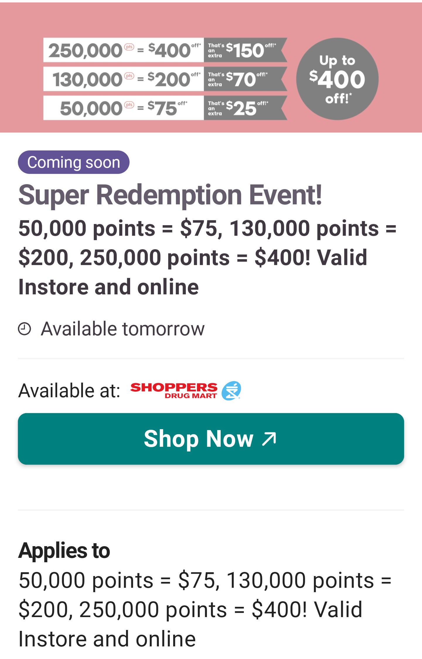 [Shoppers Drug Mart] Super Redemption Event (starts online November 27 ...