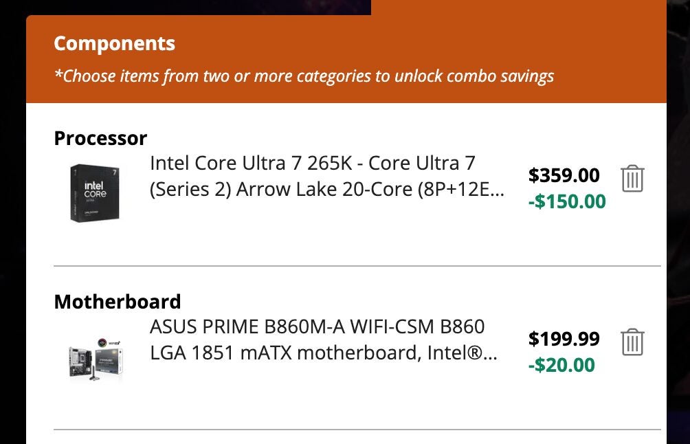 [Newegg] Newegg Combo deal, Ultra 7 265K $209, ASUS PRIME B860M $170 ...