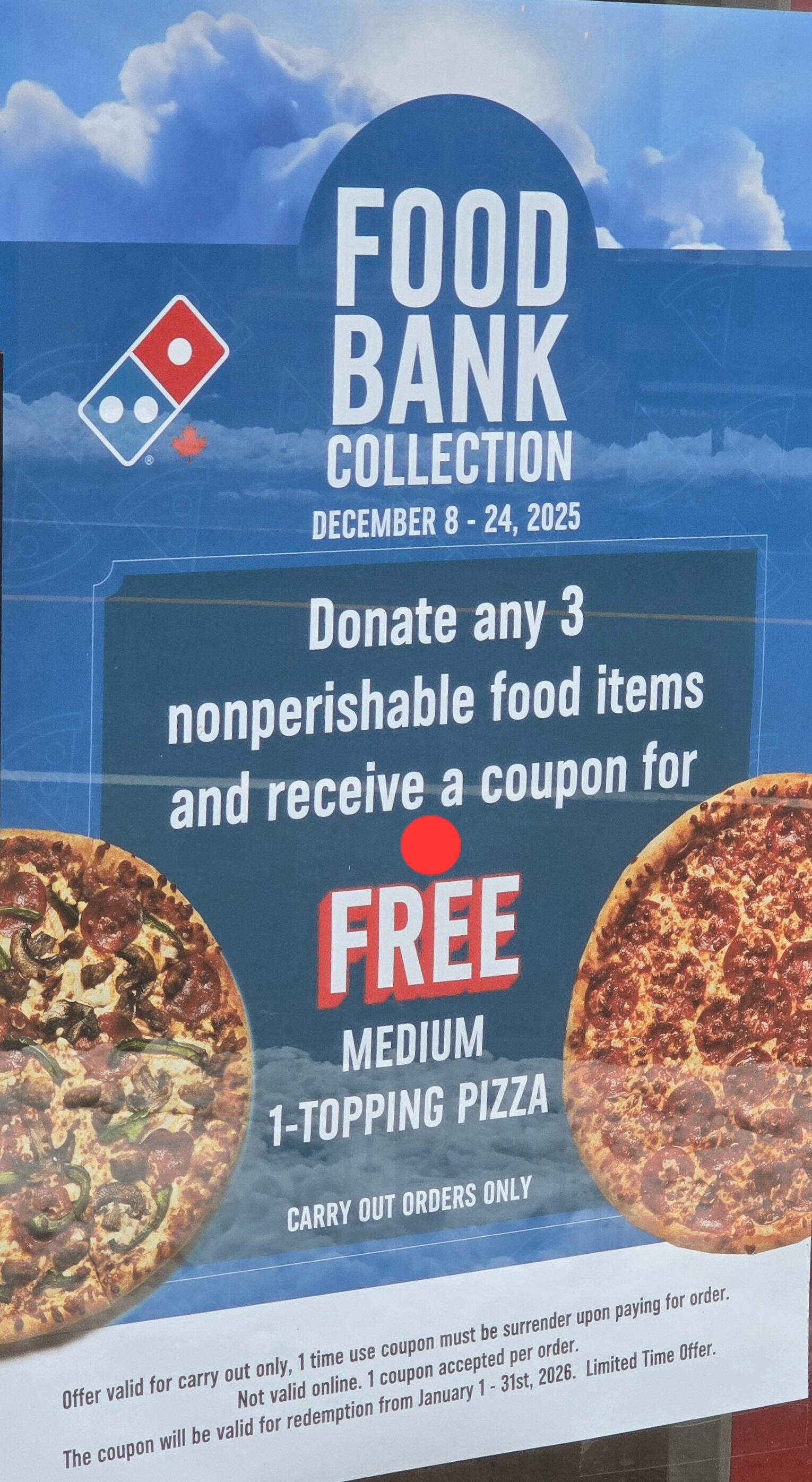[Domino's Pizza] YMMV (?) FREE Medium 1-Topping Pizza* in-store only ...