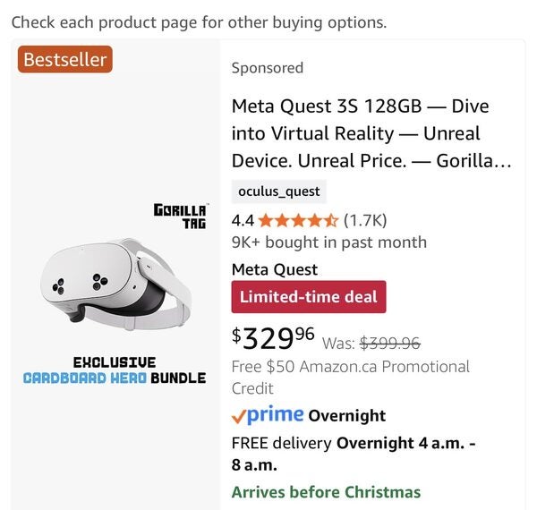 [Amazon.ca] Meta Quest 3S VR/AR Headset - $329.96 - Amazon/Bestbuy ...