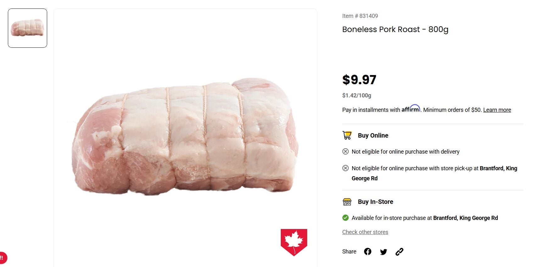 [Giant Tiger] [Via Instacart] Boneless Pork Roast - 800g $3.97 (reg. $9 ...