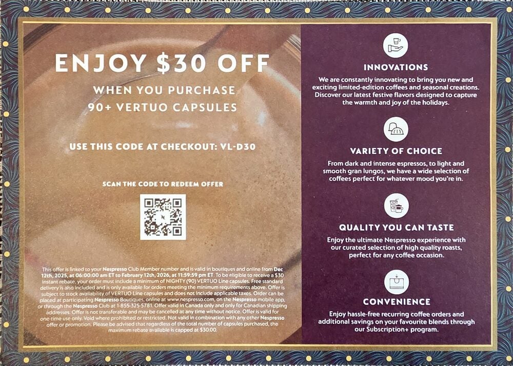 [Nespresso] Nespresso winback promo $30 OFF 90+ Vertuo capsule ...