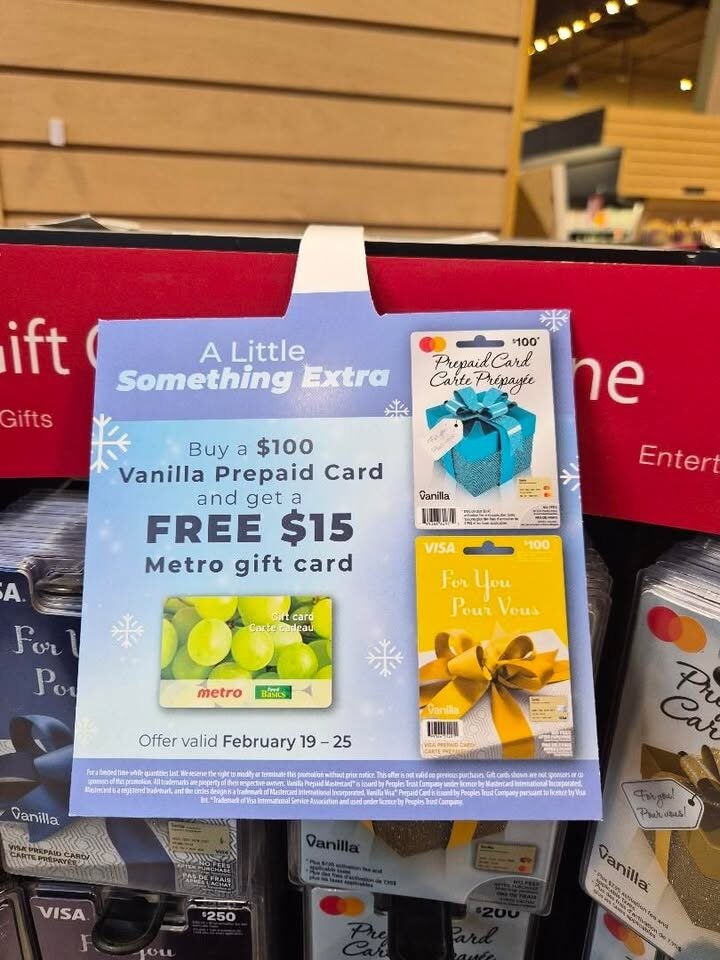 [Metro] Buy $100 Vanilla Mastercard/Visa at Metro, and get free $15 ...