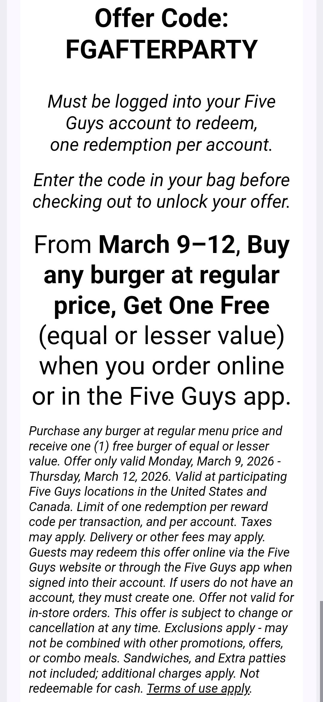[Five Guys] Five Guys BOGO burger (March 9–12, select locations ...