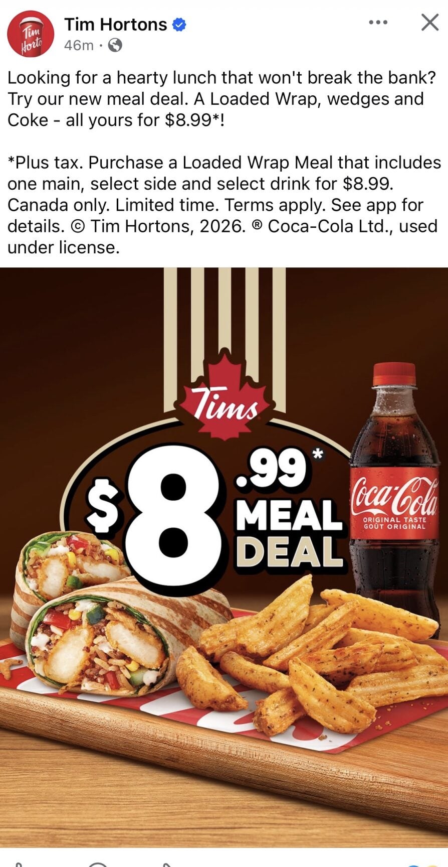 [Tim Hortons] Loaded Wrap, Potato Wedges and a Pop Combo ($8.99 ...